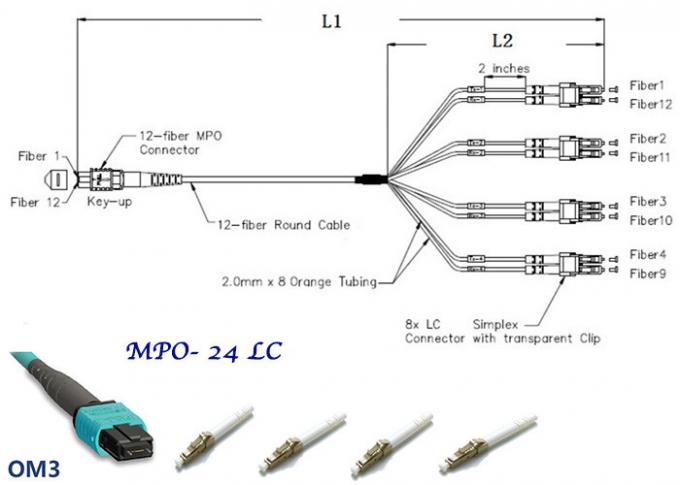 QSFP Fiber MPO MTP Patch Cord , MTP To LC Breakout Cable 24 Fan Out